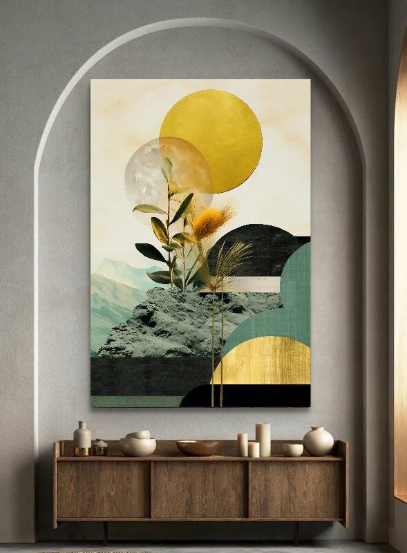 Картина на натуральном холсте 40*70 абстракция золотые круги