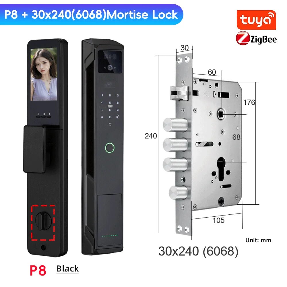 RAYKUBE P8/P85 Умный дверной замок с распознаванием лица и отпечатков пальцев P8 30x240 6068
