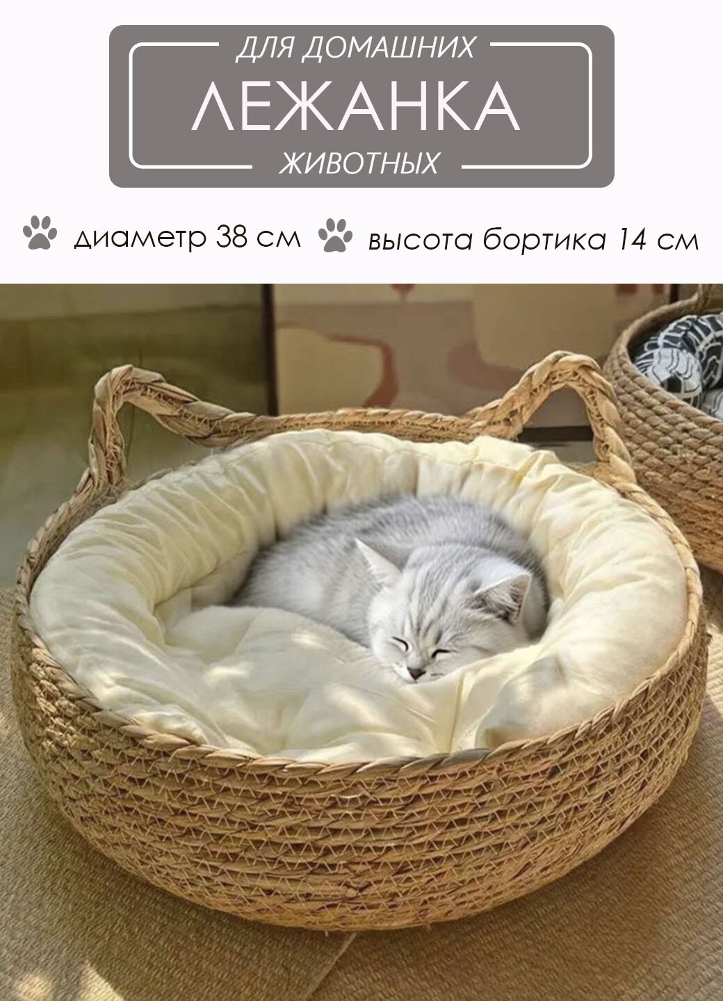 Лежанка / корзинка плетеная для кошек и собак маленьких пород со съемной подушкой и бортиком