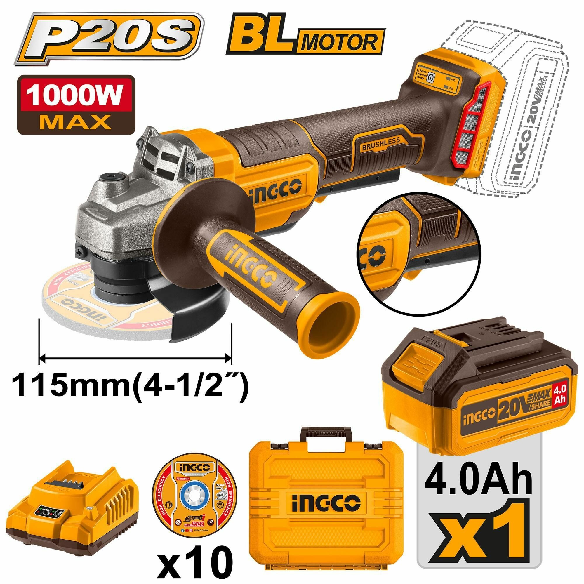 Аккумуляторная УШМ 20В, BL 115/125 мм 1хАКБ 4Ач и ЗУ SUPER INGCO CAGLI2111561 INDUSTRIAL