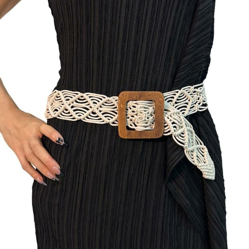 Пояса, Поясная цепочка из хлопка и льна, расшитая бисером-9 H 005 белый