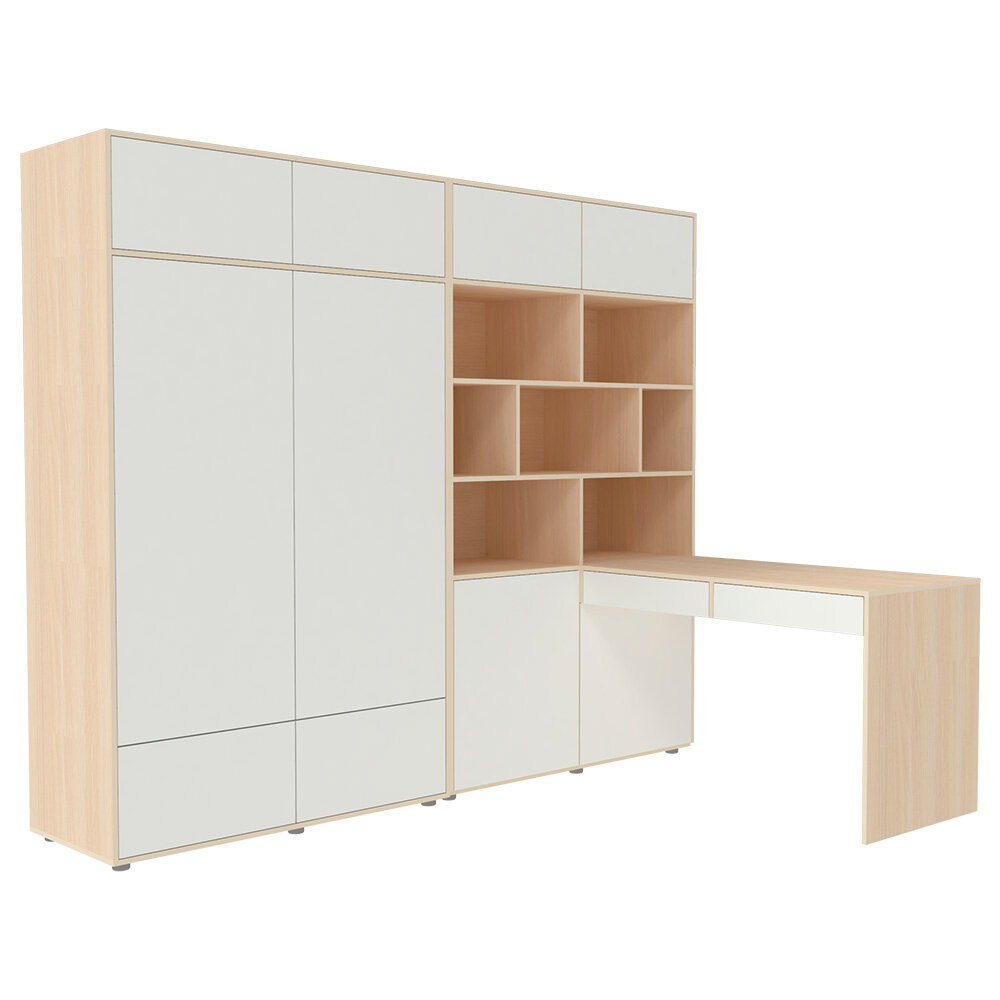 Стол письменный со стеллажом и шкафом 2400 Дуб Молочный Белый