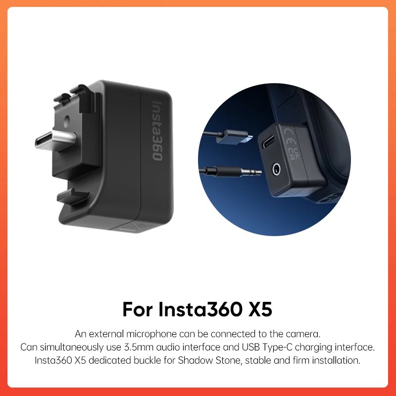 Микрофонный адаптер Insta360 X5, удлинитель, аудиоразъем для микрофона, порт USB-C для Insta360 X5, оригинальные аксессуары