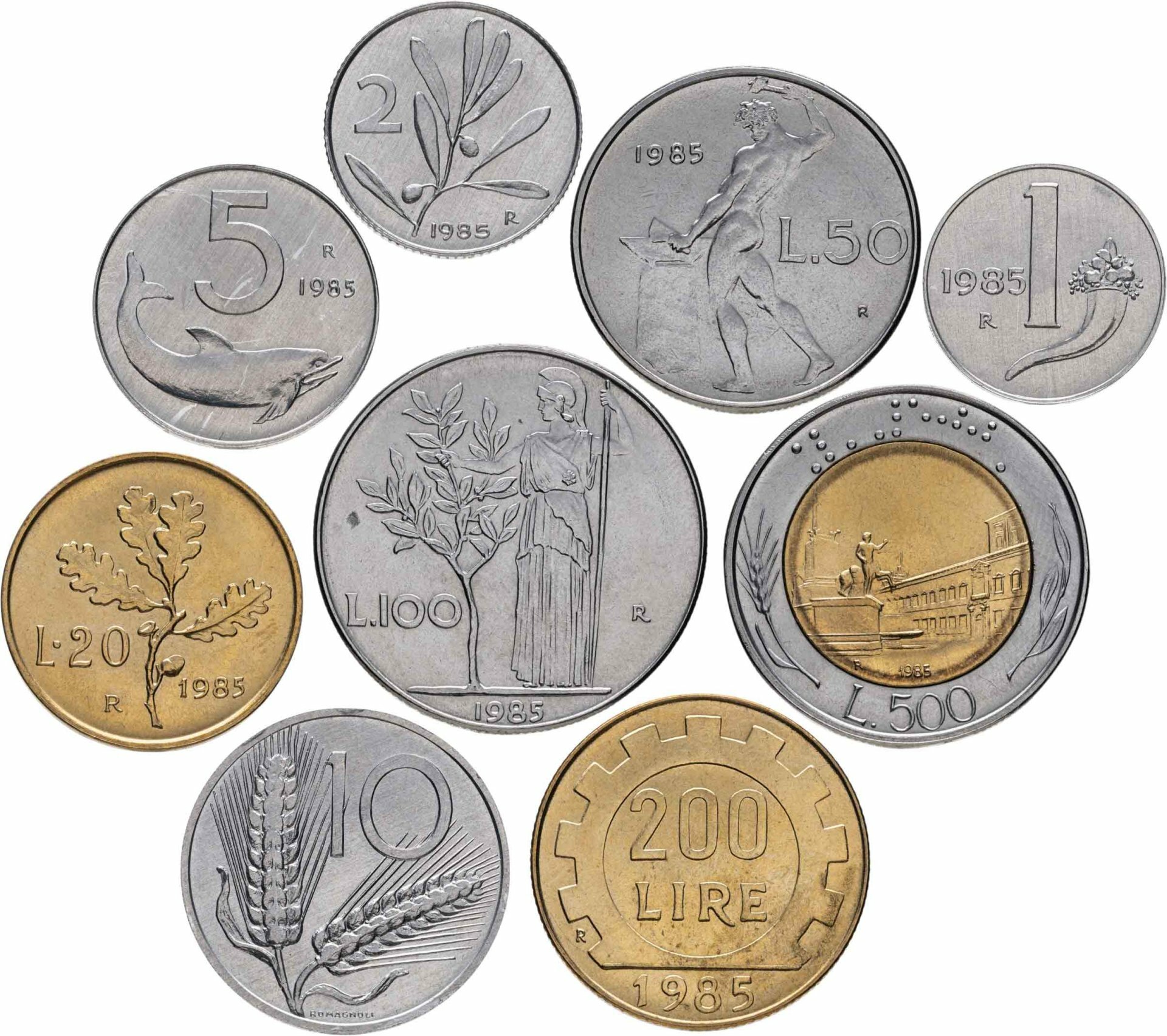 Италия набор из 9 монет 1985, Биметалл, в сохранности UNC