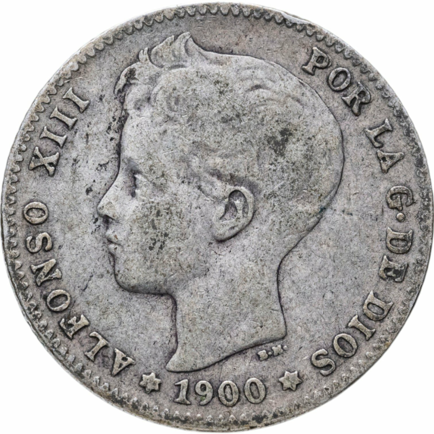 Испания 1 песета peseta 1900, Серебро 835, в сохранности VF