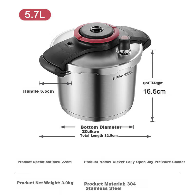 SUPOR 304 Stainless Steel Pressure Cooker 5.7L for Gas and Induction Cooktops YW223BA2