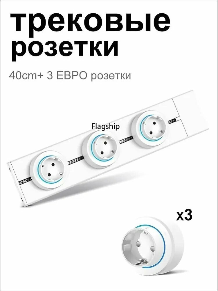 Трековая система розеток, накладная металлическая шина 40 см + 3 евро розетки, белый.