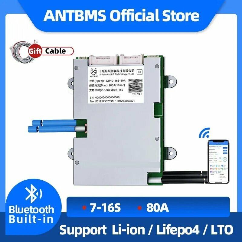 7S 8S 9S 10S 11S 12S 13S 14S 15S 16S ANT Smart BMS Постоянный 80A Пиковый 200A 24V 36V 48V 60V smart Balance BT App Lifepo4 Li-ion