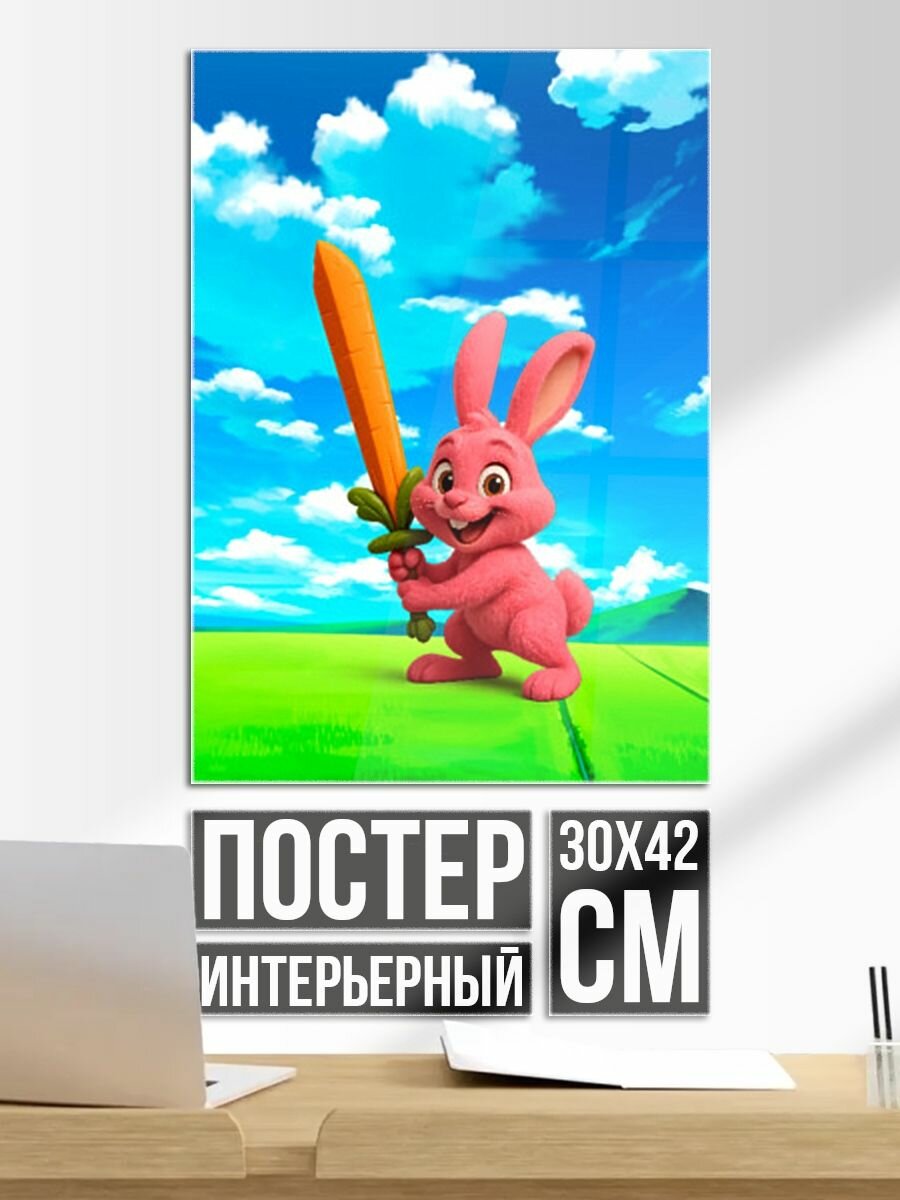 Постер на стену Розовый заяц с мечом из морковки