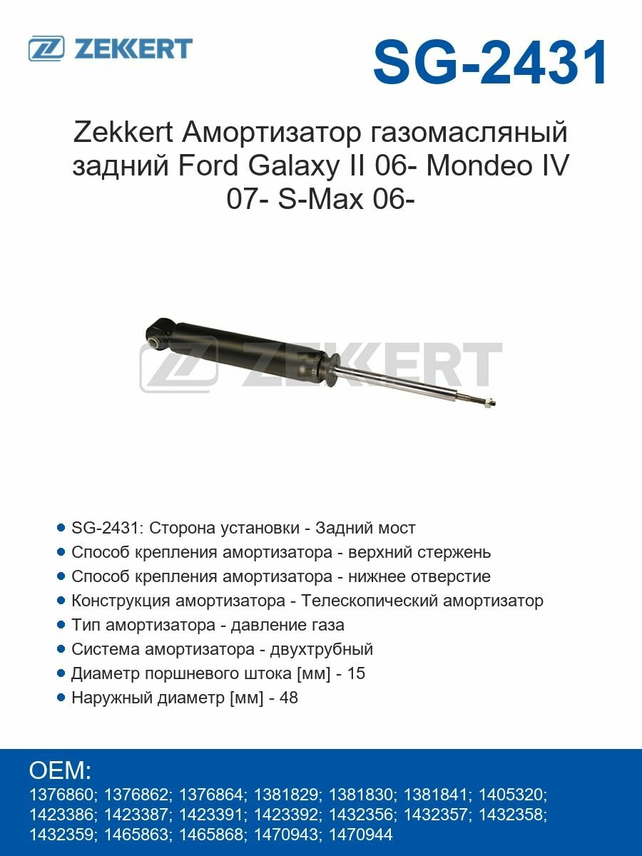 Zekkert Амортизатор газомасляный задний Ford Galaxy II 06- Mondeo IV 07- S-Max 06-