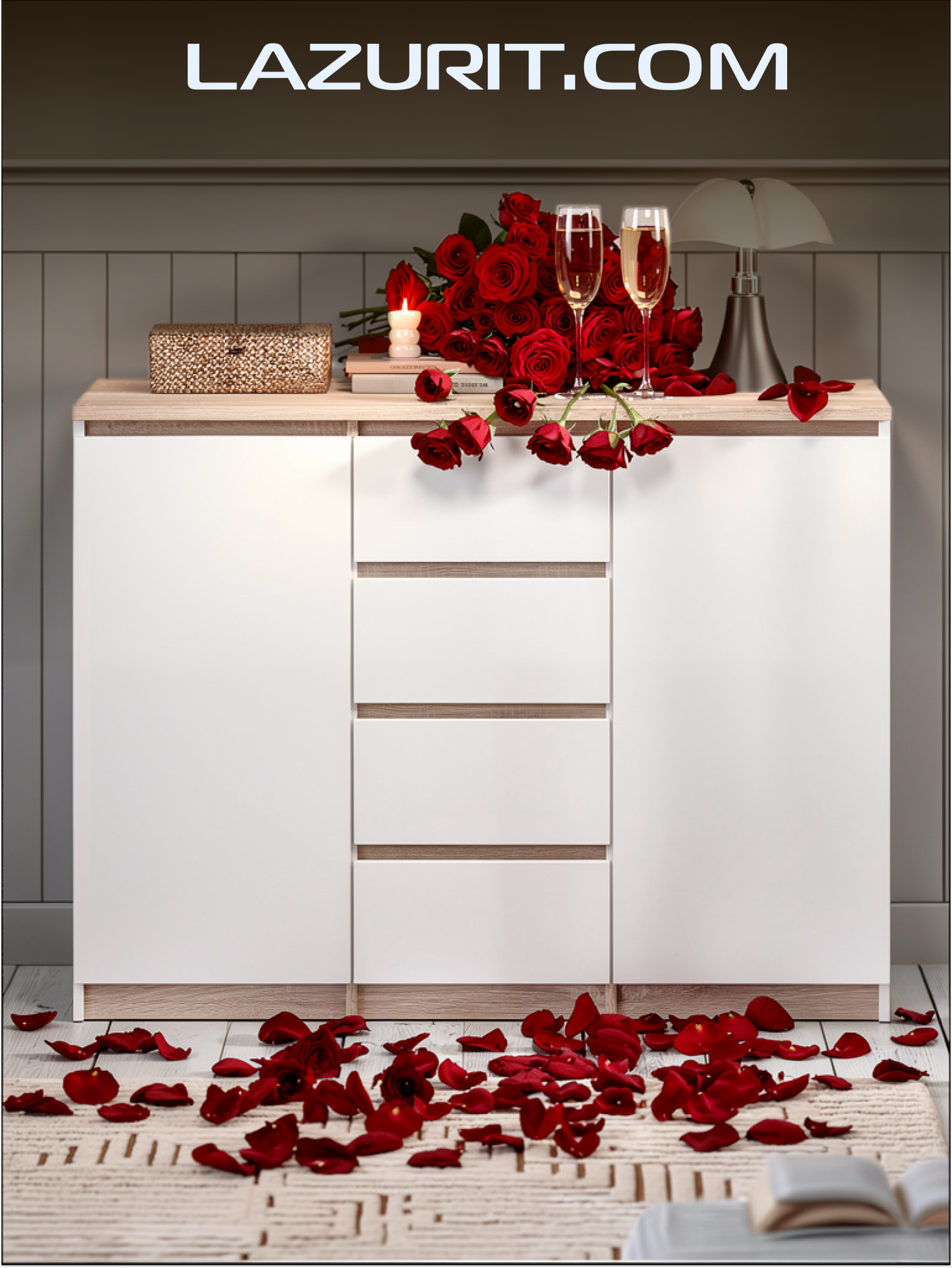 Комод для одежды белый-сонома большой Lazurit Sven с ящиками полками в прихожую спальню высокий под телевизор 121х50х92