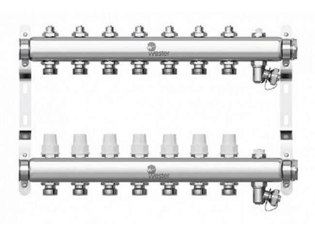 Коллекторная группа 1" из нерж. стали на 7 выходов 3/4"ЕК без расходомеров, коллектор W903 в сборе, Wester 0-32-1890