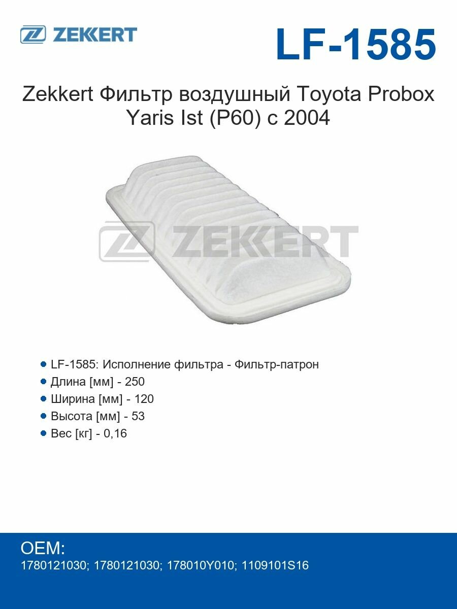 Zekkert Фильтр воздушный Toyota Probox Yaris Ist (P60) с 2004