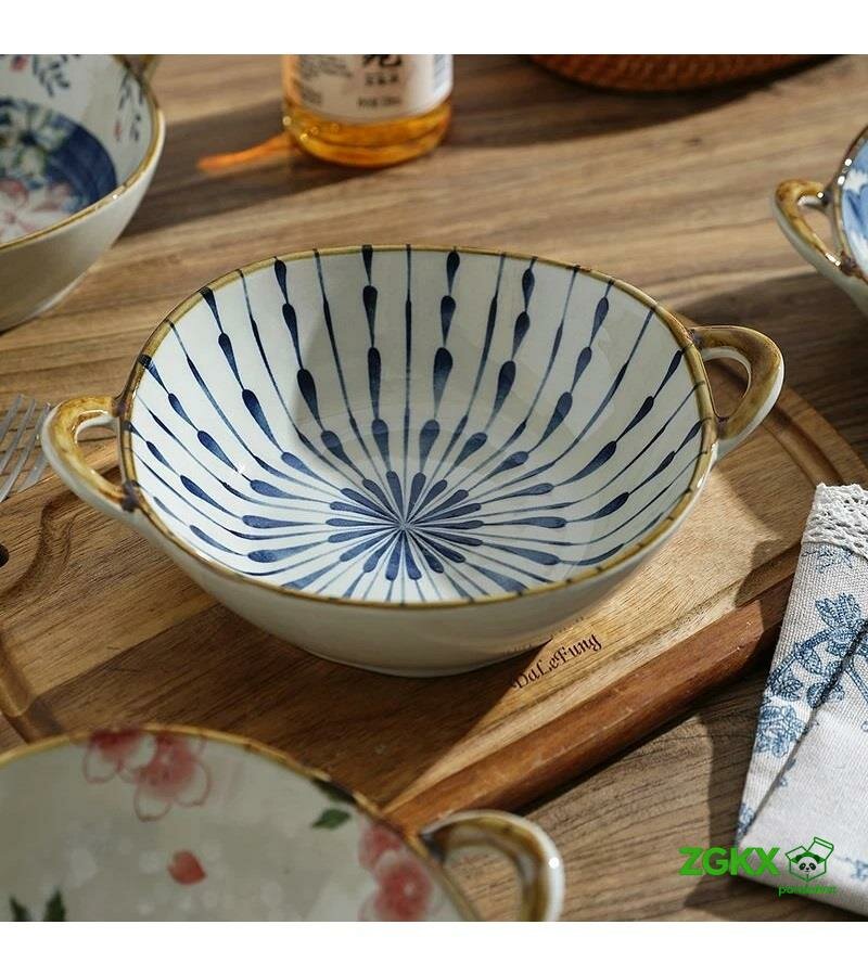 Керамическая чаша с двойными ушками и линейным узором 700 мл / Суповая миска в винтажном стиле / Салатница