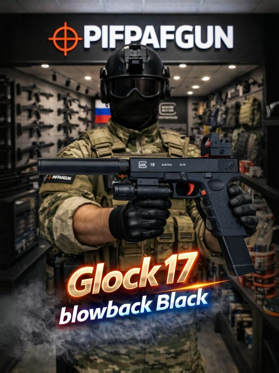 Игрушечный пистолет Glock 17 Blowback Black орбизы 78 мм, 7+, автоматический режим и одиночный от затвора, откат затвора, 2 магазина (барабан + удлинённый), фонарь и насадка-прицел, АКБ USB