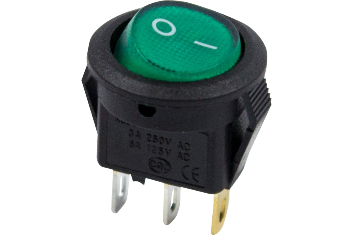 Круглый выключатель клавишный Rexant Micro ON-OFF зеленый с подсветкой (250В 3А (3с)) {36-2533}