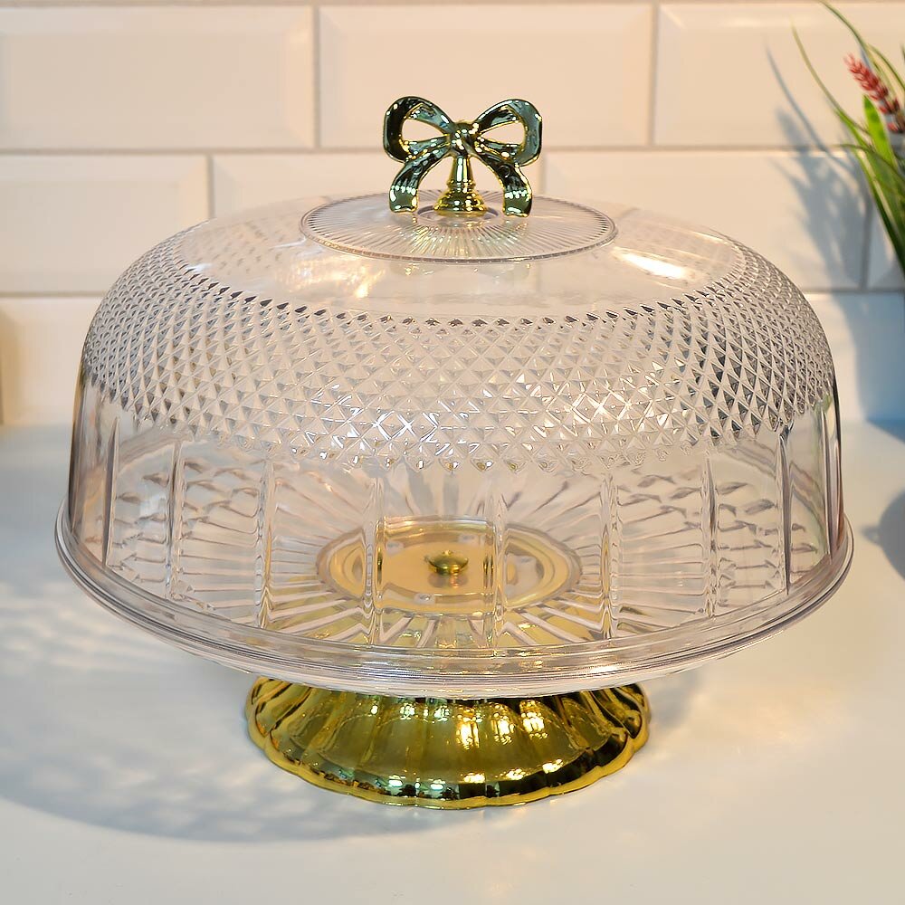 Блюдо для торта на ножке с крышкой 30х24,5см, прозрачное с золотым основанием