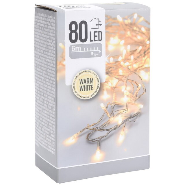 Светодиодная гирлянда Koopman Comfort 6 м, 80 теплых белых LED ламп, прозрачный ПВХ, контроллер, таймер, IP44, Koopman (Купман), AX8451810