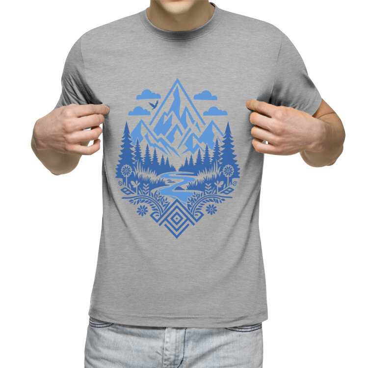 Мужская футболка «Горный пейзаж, природа России. Алтай. Узор» (серый меланж, S)