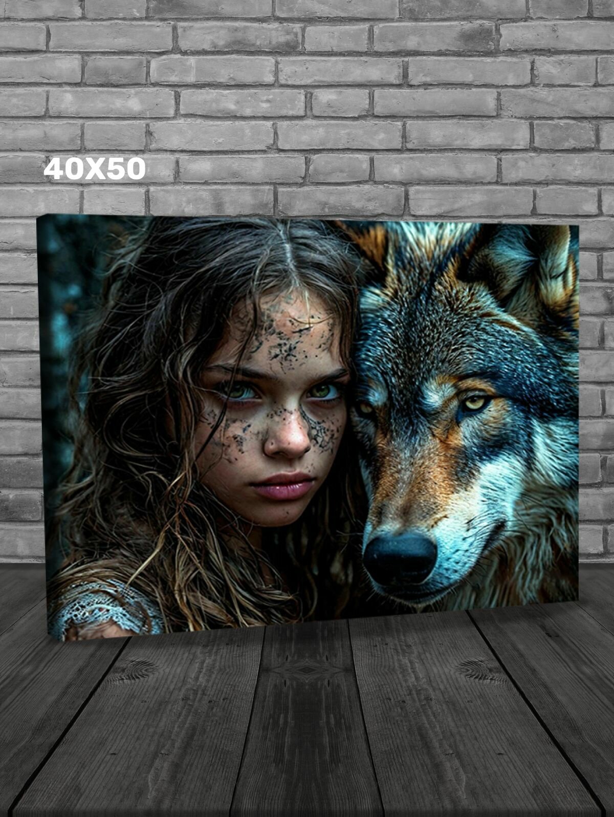 Картина на стену интерьерная 50х40 Девушка с волком