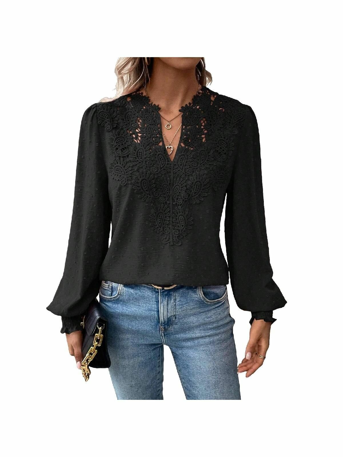 Женская блузка с V-образным вырезом и длинными рукавами, Черный - XL