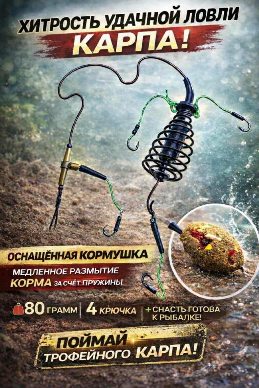 Фидерный монтаж "Карп Стандарт" кормушка оснащенная 80 грамм, фидерная снасть, ловля карпа и сазана