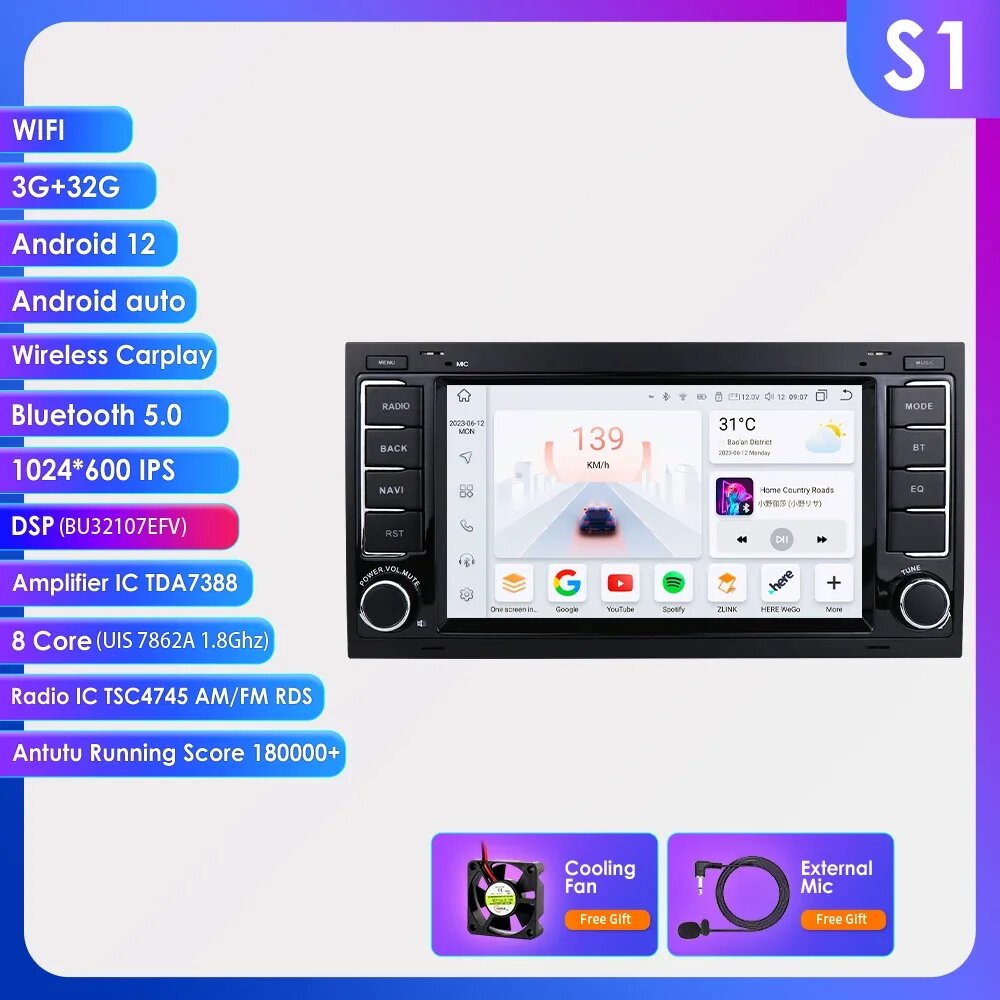Автомагнитола Android 12 Carplay VW Touareg T5 2004-2011, 3G+32G, S1