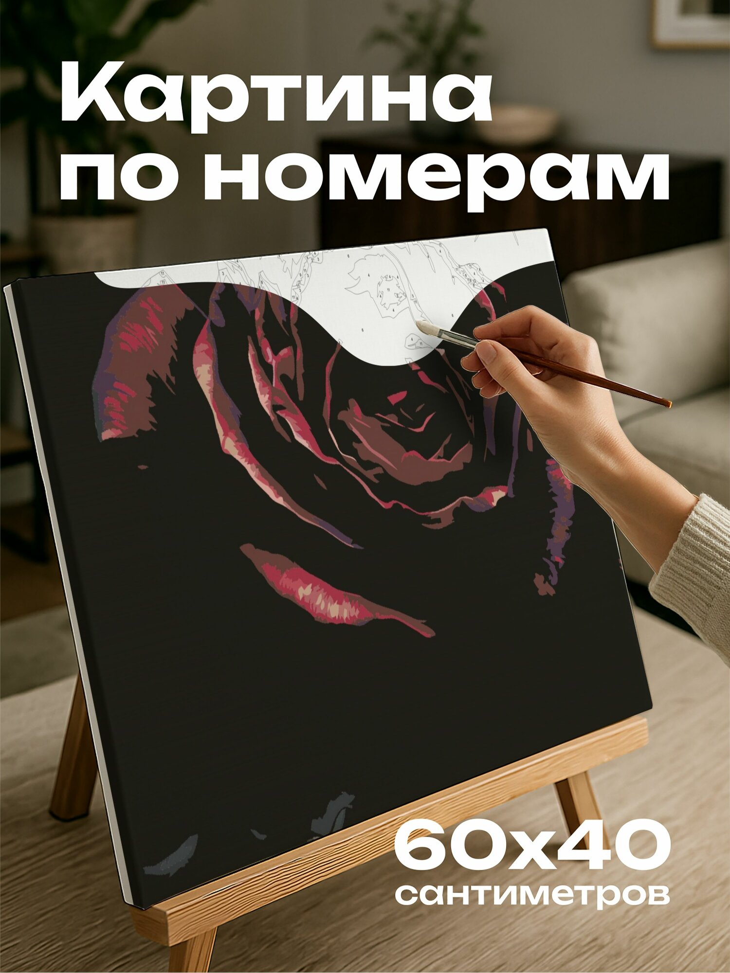Картина по номерам 60x40 см, Малиновая роза, цветущая, бархатистые лепестки, роскошь, элегантность, темный фон, природа