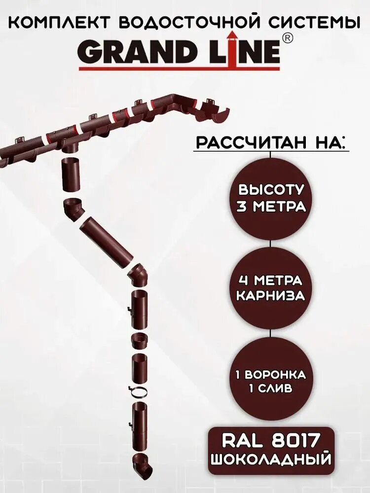 Комплект водосточной системы Grand Line 4 метра шоколад (120мм/90мм) водосток для крыши пластиковый Гранд Лайн (RAL 8017)