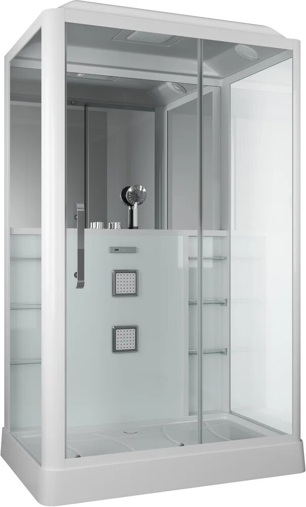 Душевая кабина Grossman GR-128 R прямоугольная, стеклянная, 135x90, гидромассажная, с радио, закрытая (с крышей), средний поддон, с вентиляцией, с белым профилем, с освещением, с функцией тропический