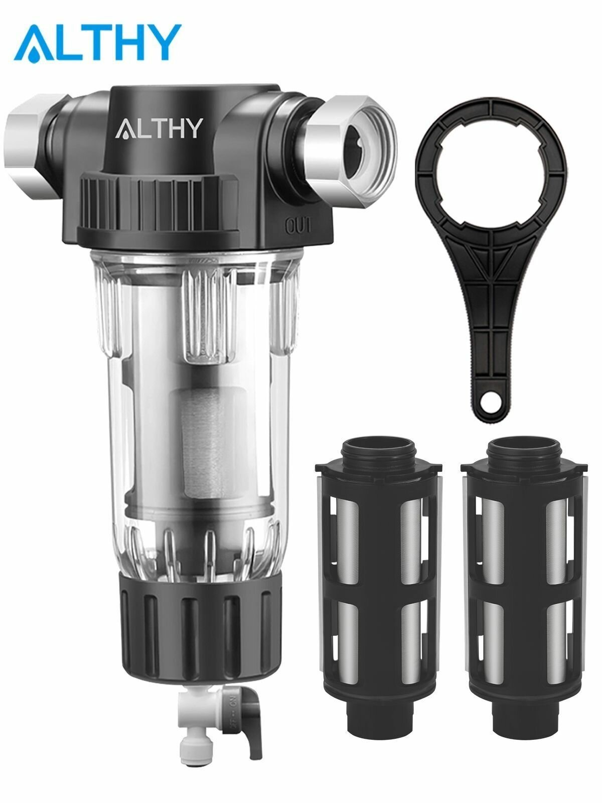 Самопромывной фильтр / предфильтр, ALTHY PRE-1 40мкм Можно поворачивать для очистки Фильтр сетчатый, +2 дополнительных сменных, 1/2" + 3/4"