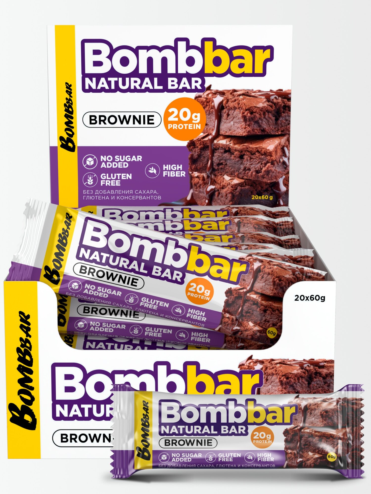 Протеиновый батончик BombBar Protein Bar 20 x 60 г, Брауни