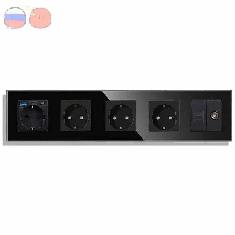 Розетка электрическая 5 поста с USB/Type-C+RJ45 ТВ-Компьютер 220В 16А Стекло Рамка черный