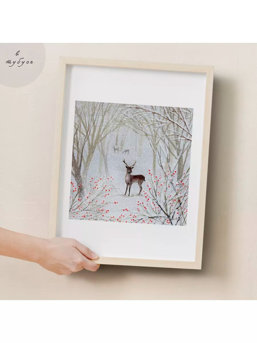 Постер зимний олень в лесу, 30 x 40 см, материал бумага, без рамы