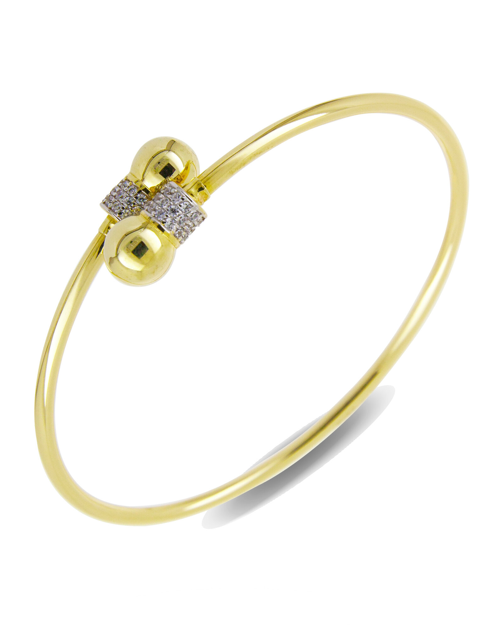 Жесткий браслет, желтое золото, 585 проба, родирование, фианит