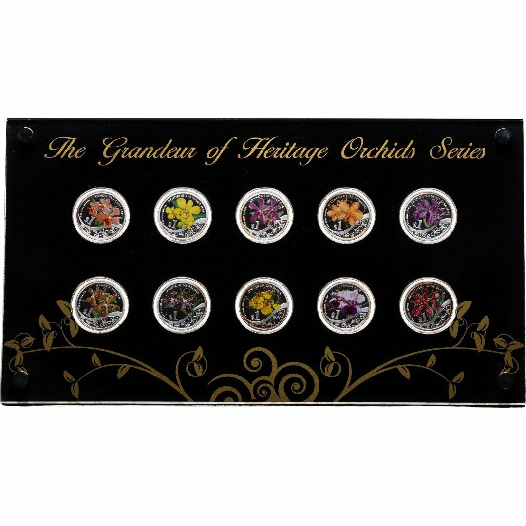 Сингапур 1 доллар 2011 набор монет "Орхидеи" Proof 10 монет, Серебро 999