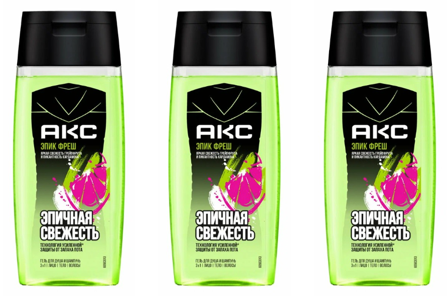 АКС Гель для душа Epic Fresh 3в1 с пребиотиками увлажняющий, 100 мл - 3 шт