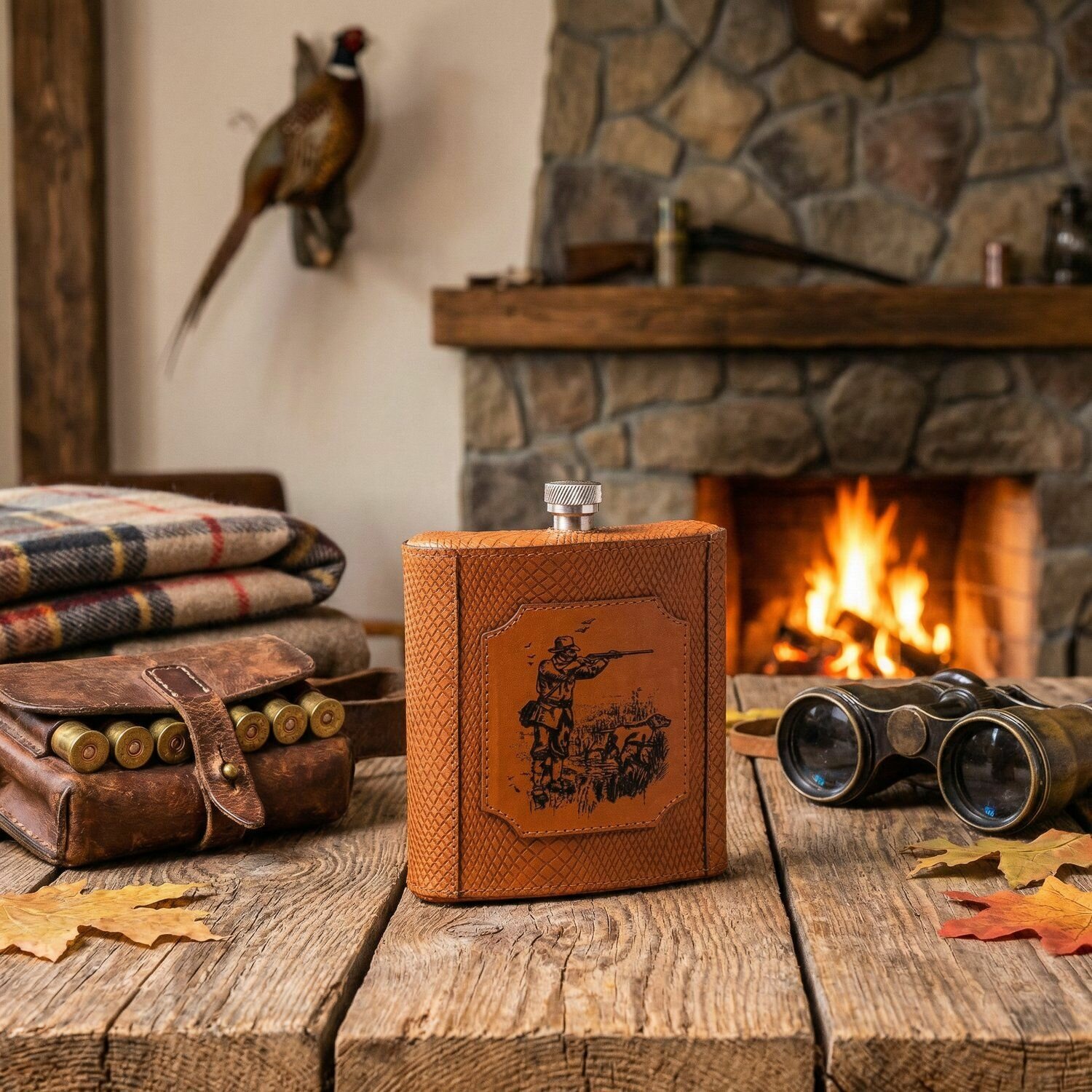 Фляга походная, 0,48 л, в обтяжке из натуральной кожи (Охотник)