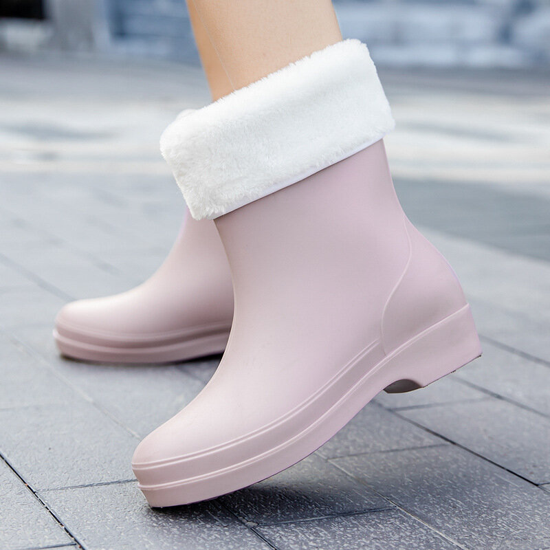 Модные женские резиновые сапоги с коротким верхом, нескользящие водонепроницаемые сапоги средней высоты, сапоги для воды, женские резиновые туфли с хлопковой подкладкой. Размер обуви. EU:39