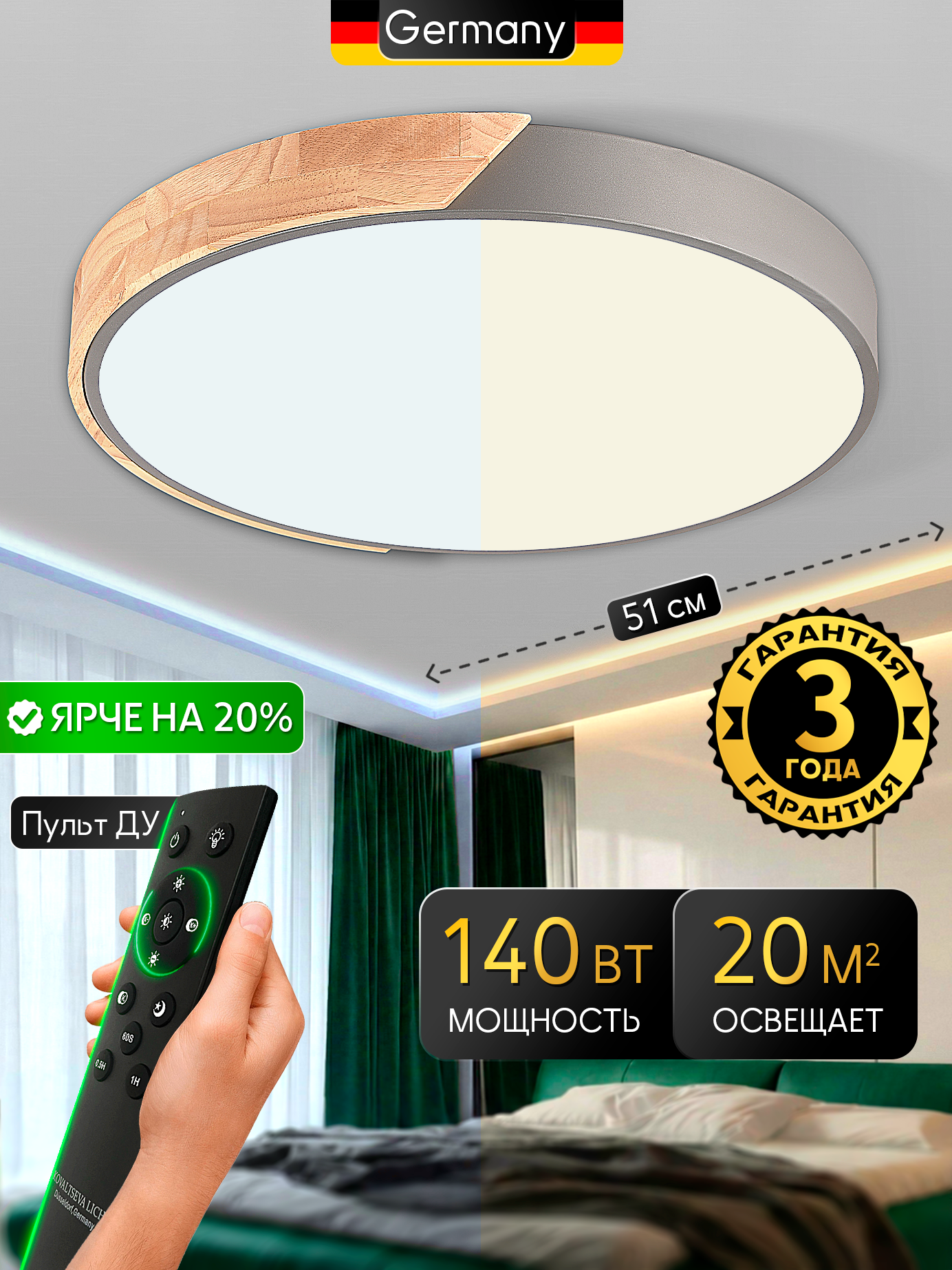 Светодиодный светильник люстра с пультом ДУ, 140W, серый, LED