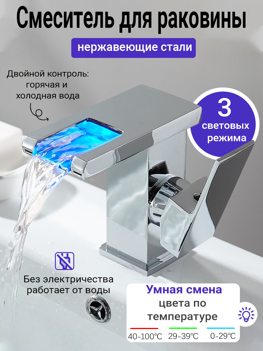 Смеситель для раковины с LED-подсветкой температуры, Серебро