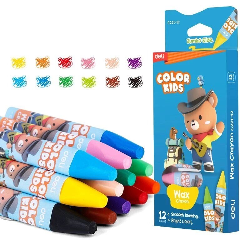 Восковые мелки Deli EC221-12 трехгр. 12цв. (12шт) дл.75мм д.11мм картон. кор./европод.