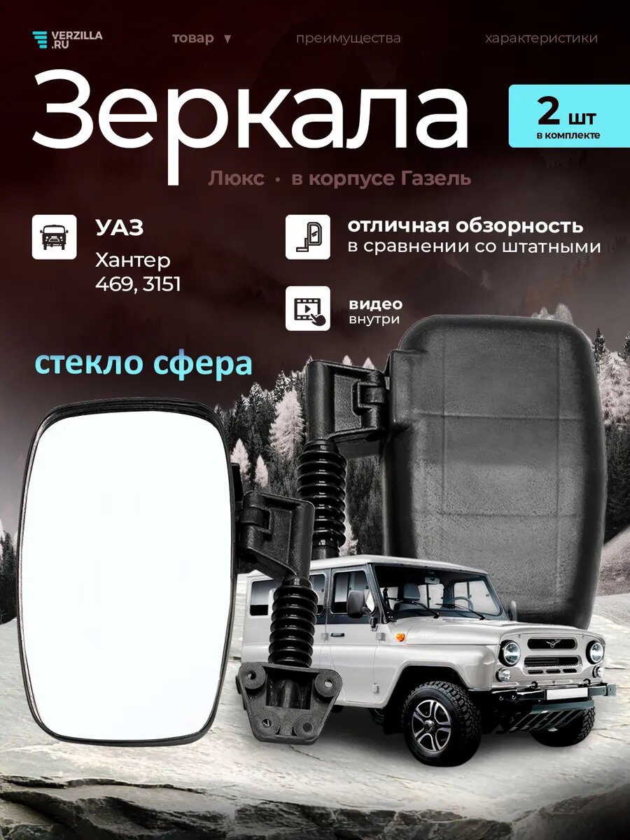 Зеркала УАЗ Хантер, 469, боковые большие, Сфера