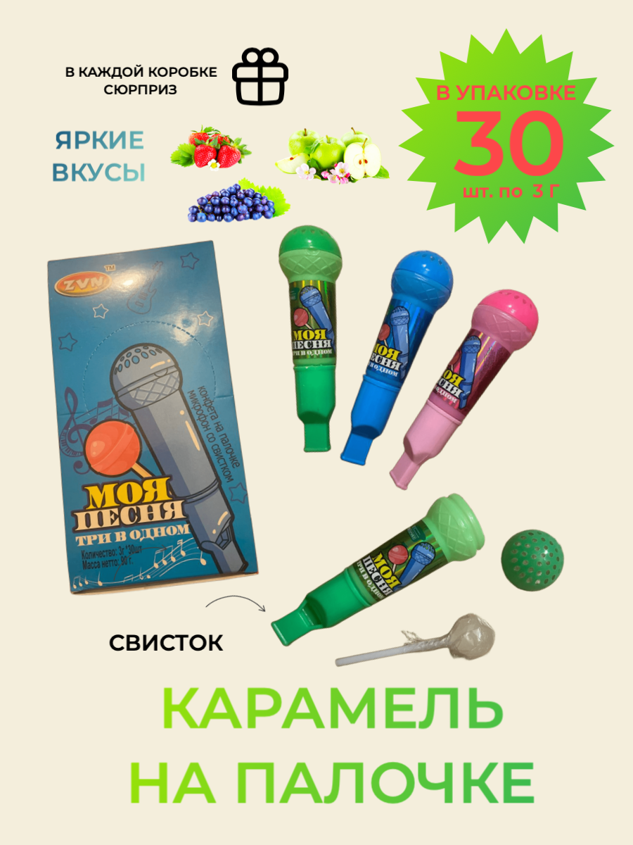 Карамель на палочке "Моя песня" со свистком/ Сладости для детей/ Детские конфеты ассорти, блок 30 шт./ 1 шт. 3 грамма