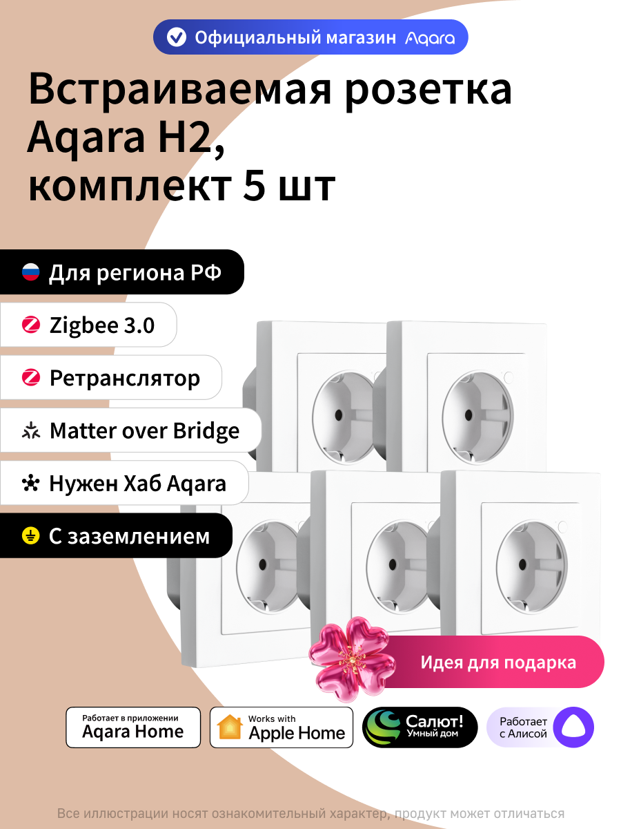 Комплект умных встраиваемых розеток Aqara H2, WP-P01D, Zigbee 3.0, 5 штук, белый
