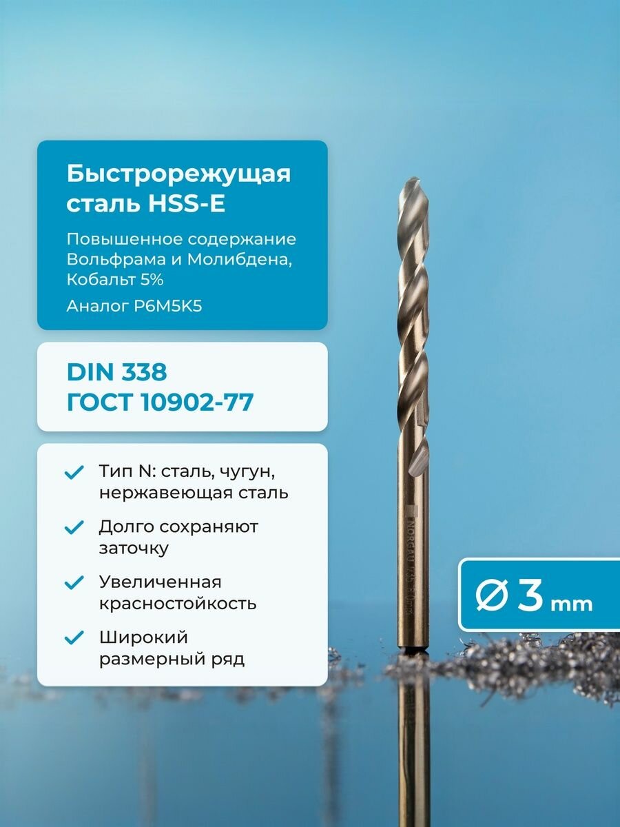 Сверло по металлу NORGAU Industrial со шлифованным профилем и подточкой перемычки по DIN 1412-С, спиральное, HSSE, 3 мм