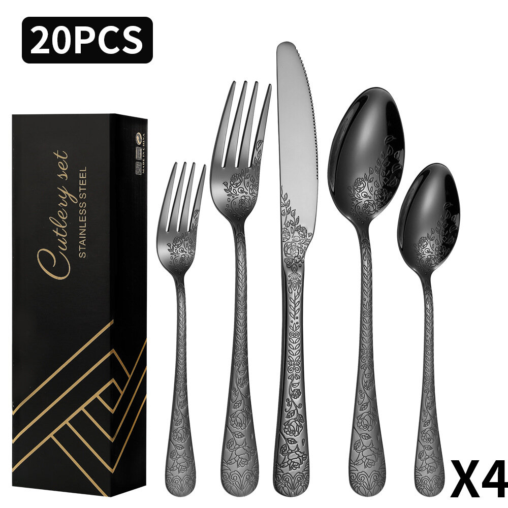 Новый набор столовых приборов Amazon из нержавеющей стали, 20 предметов, с винтажной гравировкой, нож, вилка и ложка в западном стиле, подарочный набор для международной доставки.
