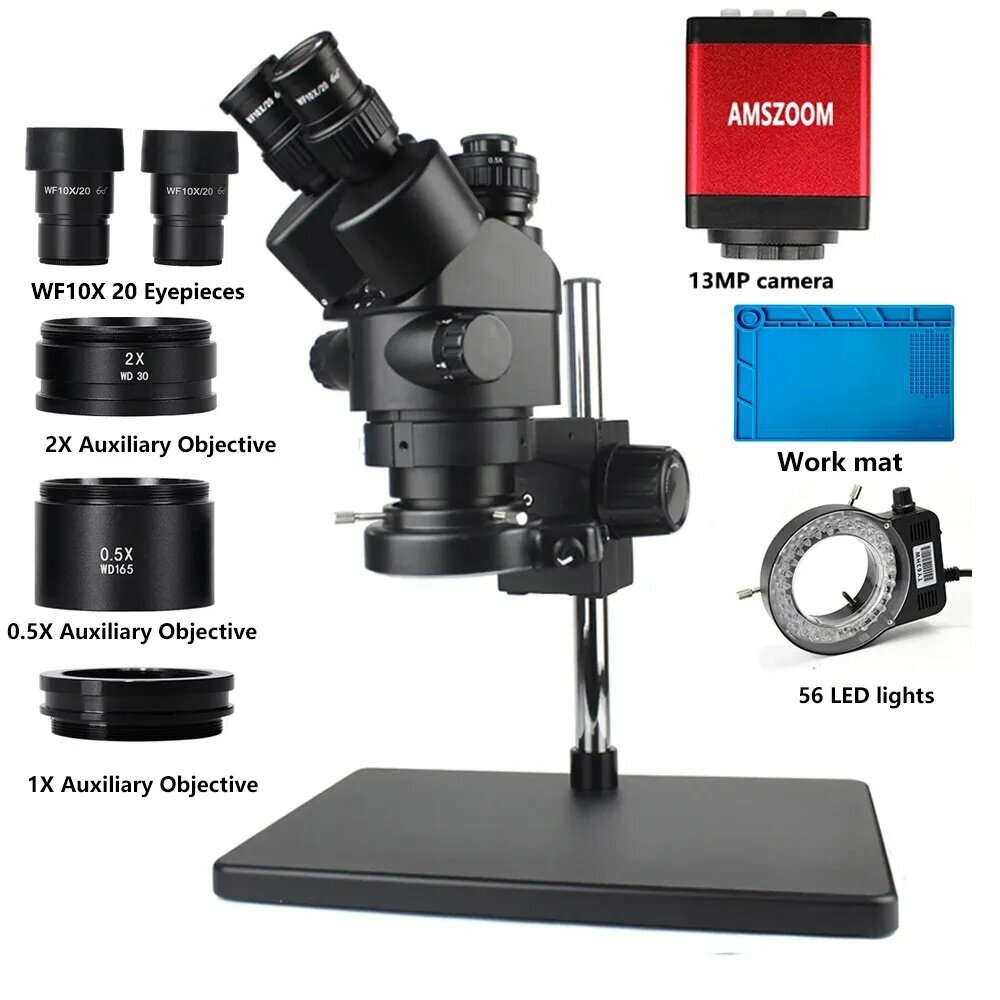 AMSZOOM Тринокулярный стерео микроскоп 3.5X-90X + 13MP 2K USB HDMI камера + 56 LED подсветка