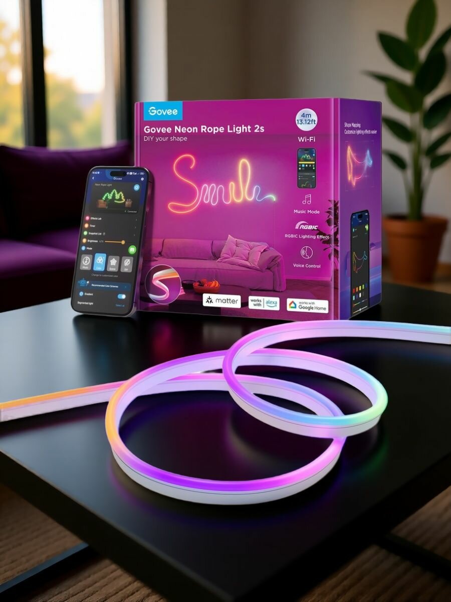Cветодиодная лента RGB Govee Neon Rope Strip Light 2s, H61D4C01, умная LED подсветка 4 метра