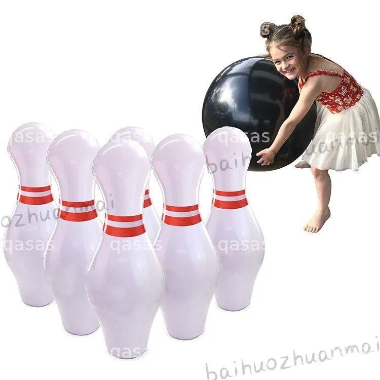 Гигантский надувной набор для боулинга 7 шт, включая 6 кеглей 27 дюймов и шар 24 дюйма для семейной вечеринки взрослых на открытом воздухе в помещении